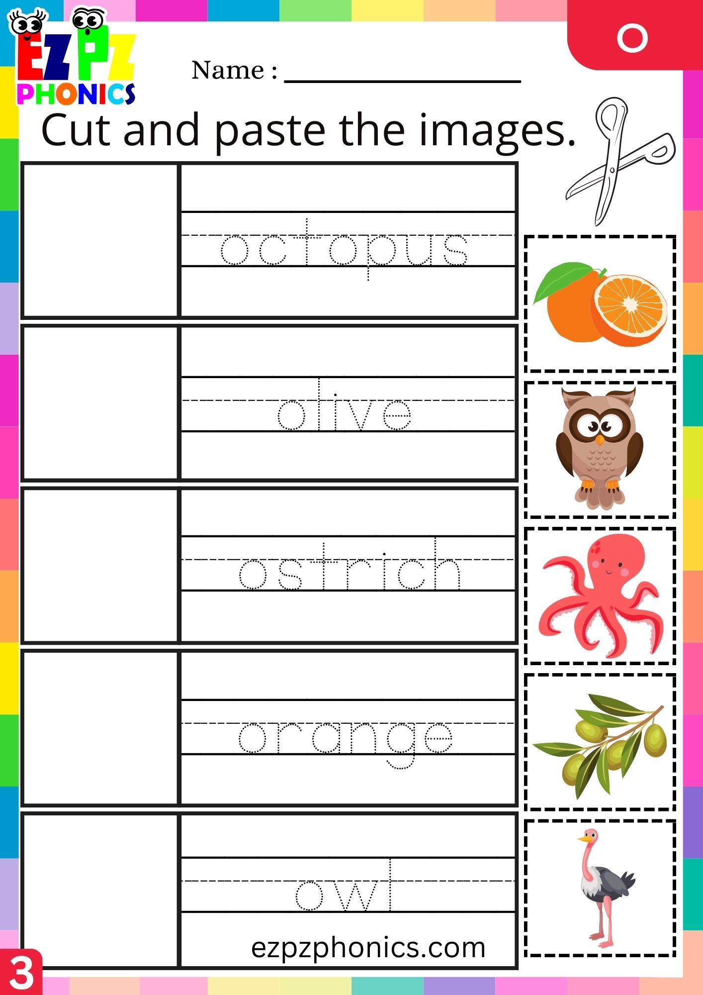 Letter o Cut and Paste the Images and Write the Words Group 3 - ezpzphonics.com